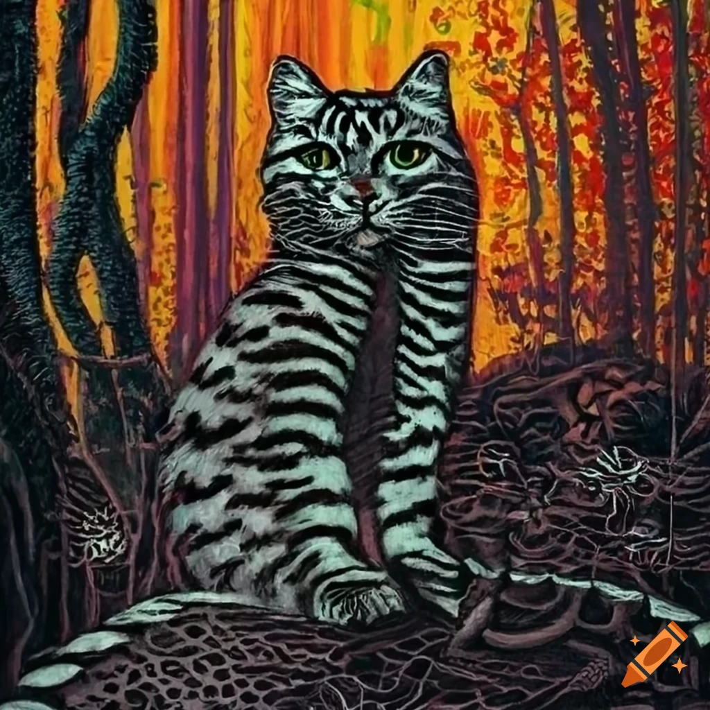 Homage to Edward Hopper with striped cats in MC Escher style in a dark ...