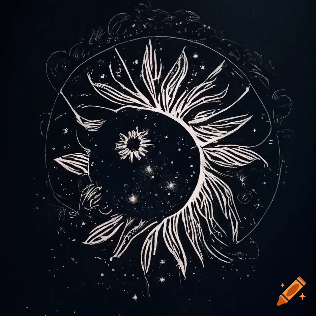 Linocut black and white galaxy made of flowers and moon floral design ...