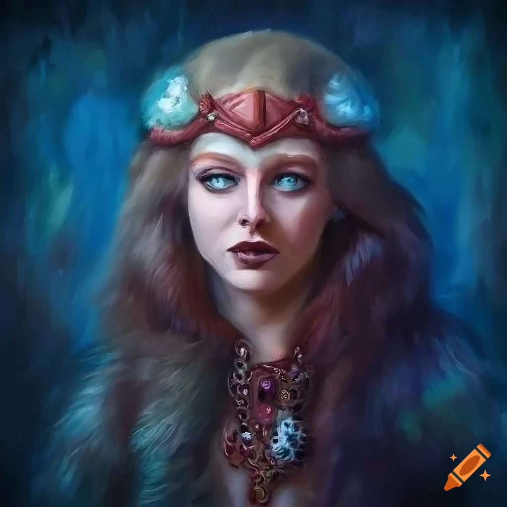 Powerful Viking queen in fine harness and fur cloak in a detailed oil ...