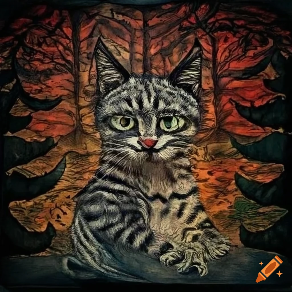 Homage to Edward Hopper with striped cats in MC Escher style in a dark ...