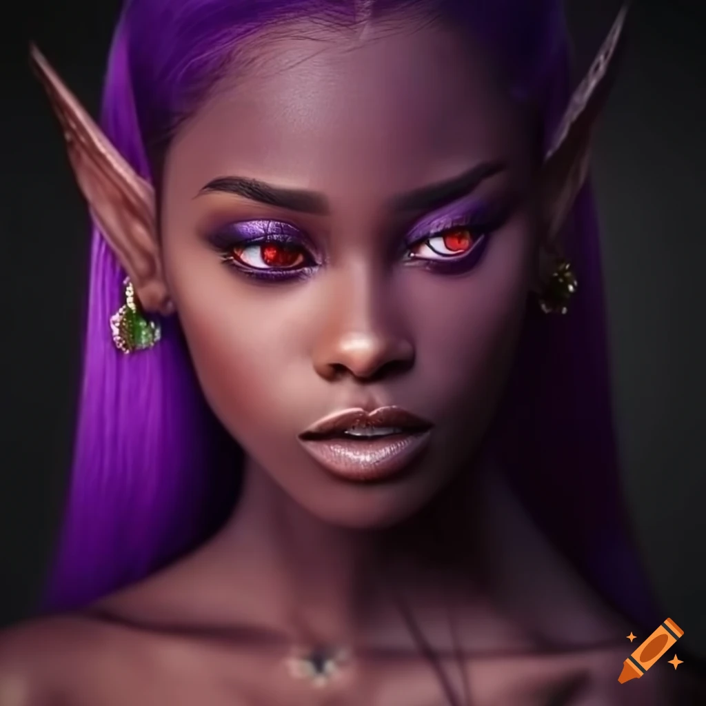 Stunning black girl with long elf ears, purple eyes, and vibrant purple ...