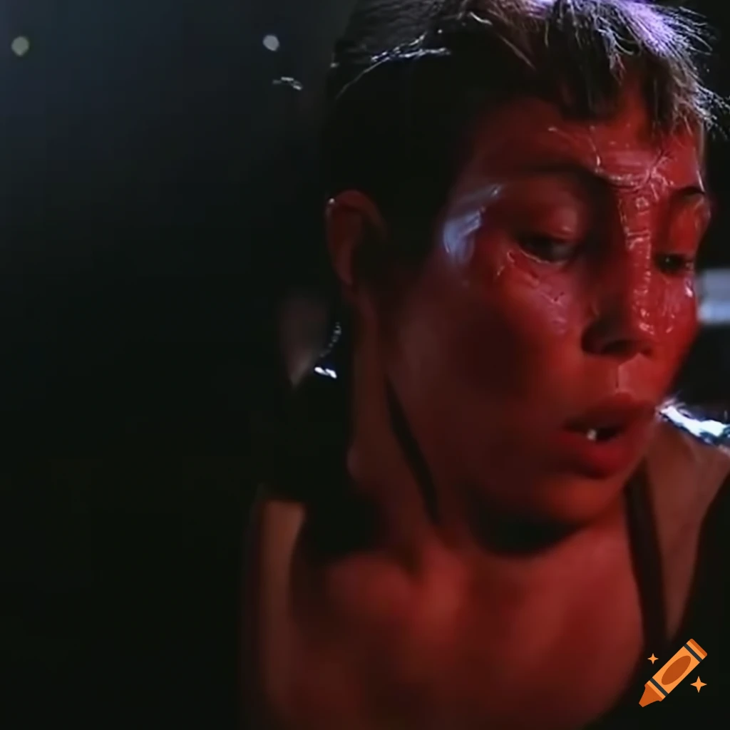 Expressive closeup of dizzied and bloodied woman fighter in an 80's ...