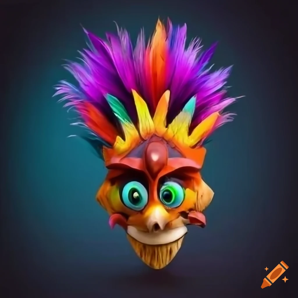 Vibrant and intricate Sumerian wooden mask with feather crown and ...