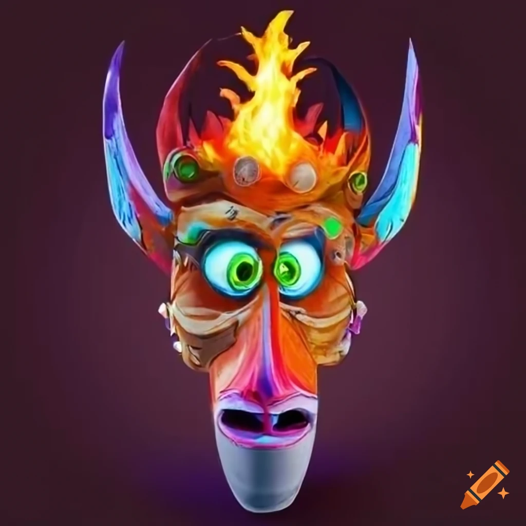 Vibrant Sumerian wooden mask with fire crown and symbolic details on ...