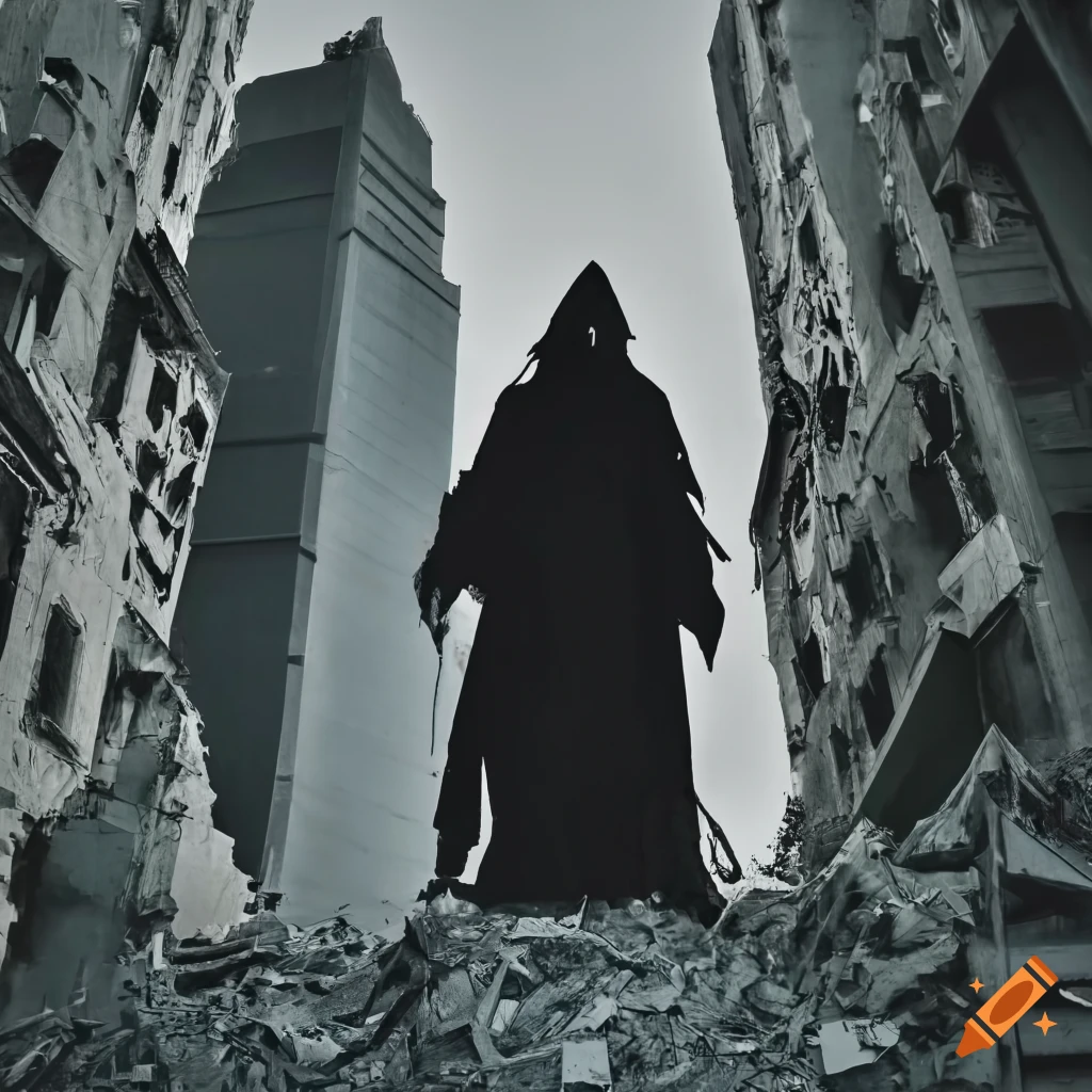 Silhouette of a figure in a shredded cloak in a destroyed city on Craiyon