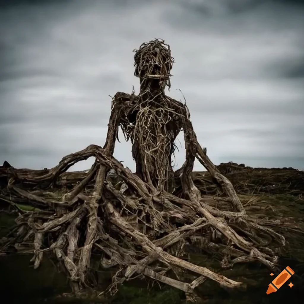 Distorted figure caught in web sculpture in a destroyed desolate ...