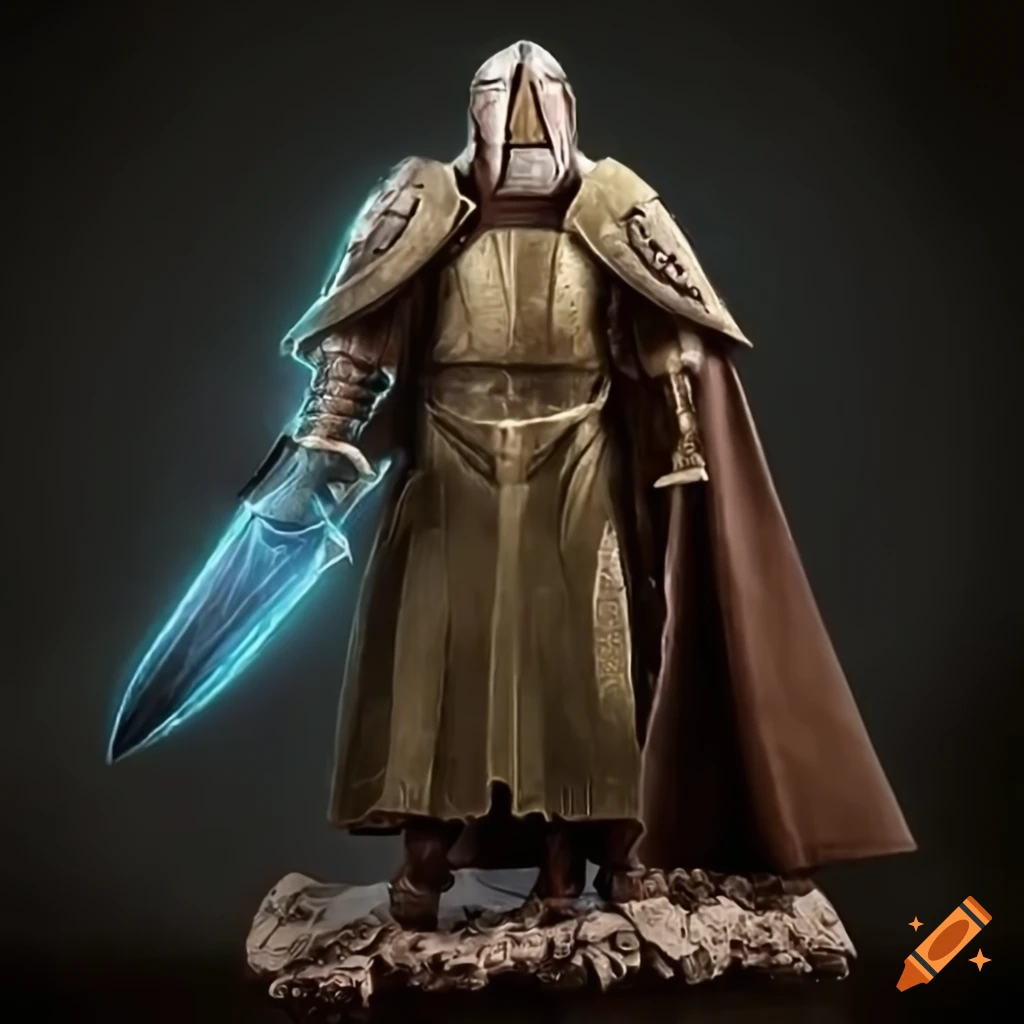 Elderly human in templar armor knight attire with sword on Craiyon