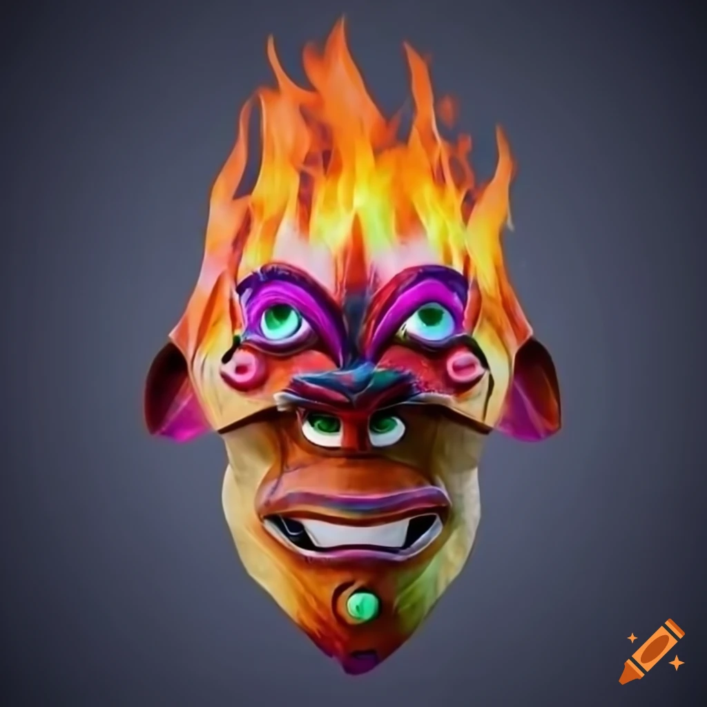 Intricately detailed Sumarian wooden mask with fiery crown and striking ...