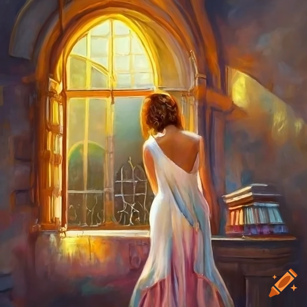 Woman backlit by sunlight in a castle fantasy scene on Craiyon