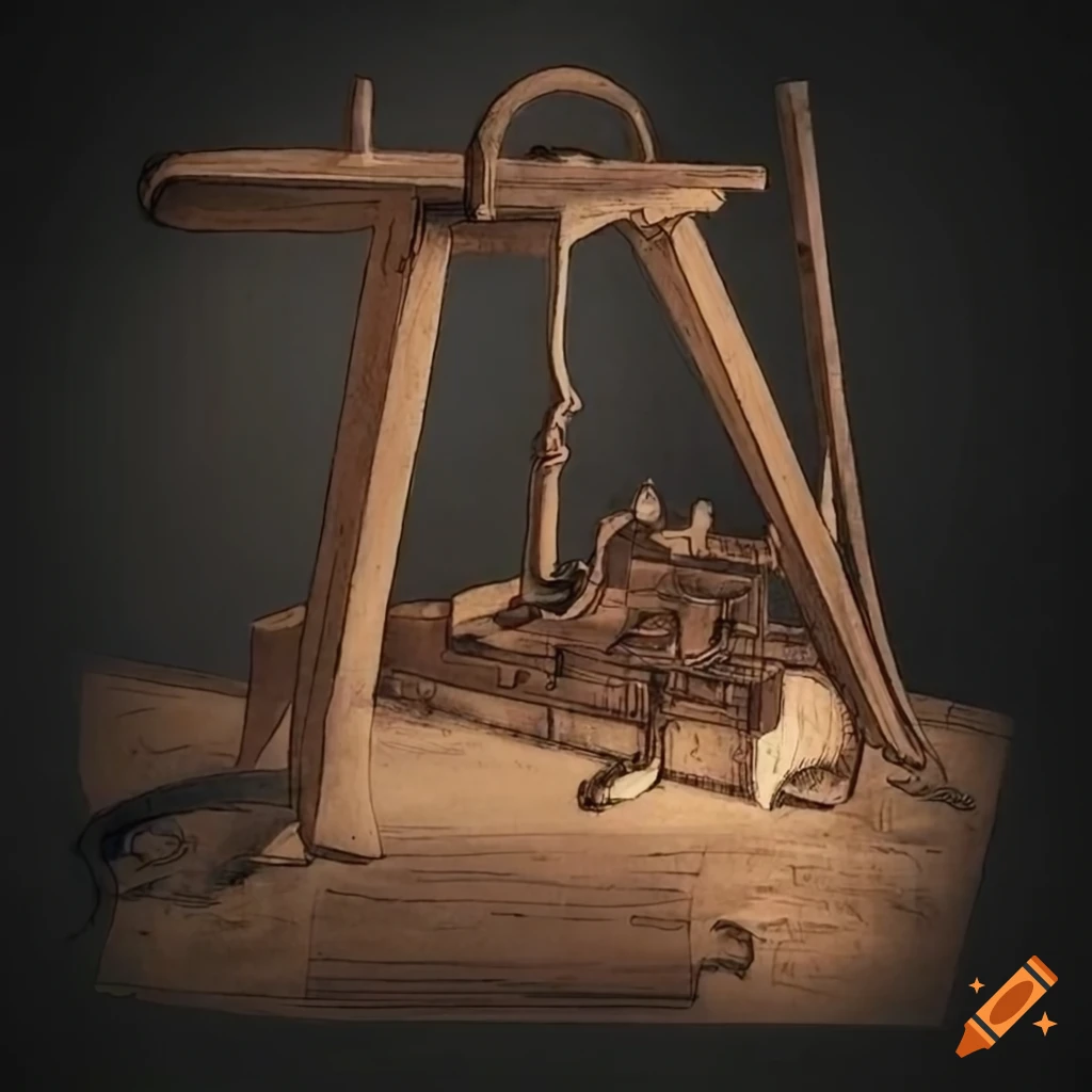 Medieval trap mechanism technical diagrams in black ink with washes on ...