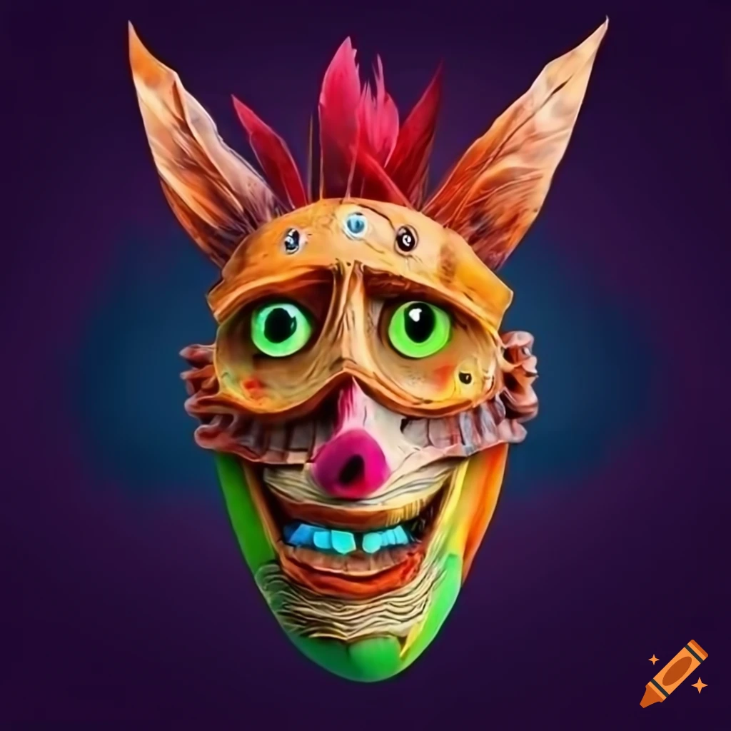Vibrant Sumarian wooden mask with intricate details and feather crown ...