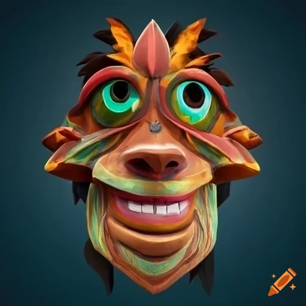 Vibrant sumarian wooden mask with intricate details and feather crown ...