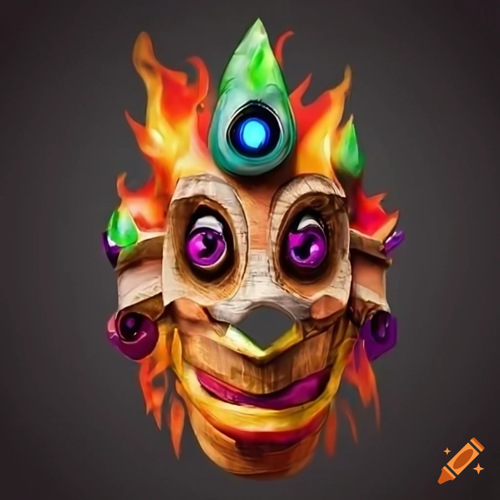 Vibrant sumerian wooden mask with fiery crown and colorful eyes on Craiyon