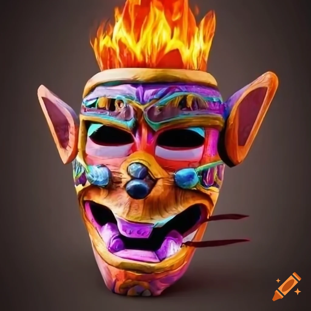 Intricately detailed sumarian wooden mask with a fiery crown in a ...