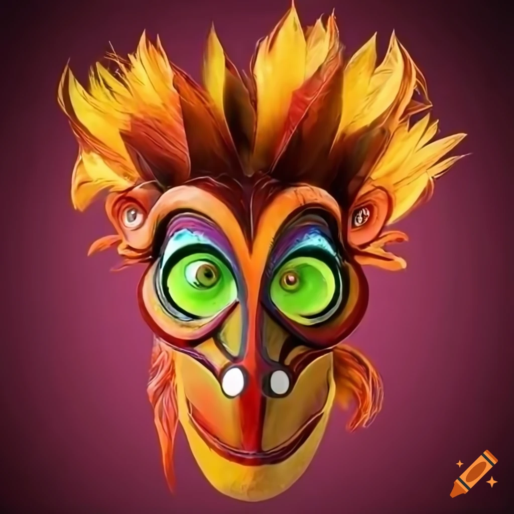 Vibrant sumerian wooden mask with feather crown and intricate details ...