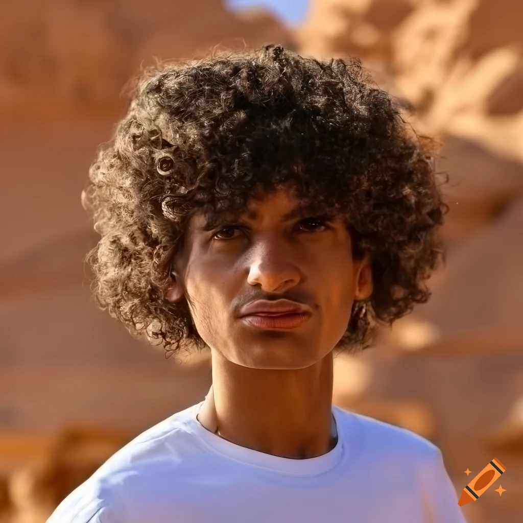 Man with black curly hair and arab features walking by tents at a ...