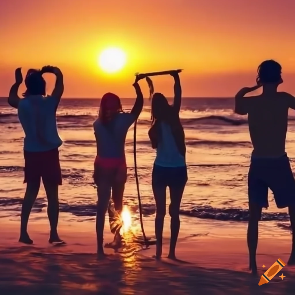 Summer sunset vibes with friends at the beach on Craiyon