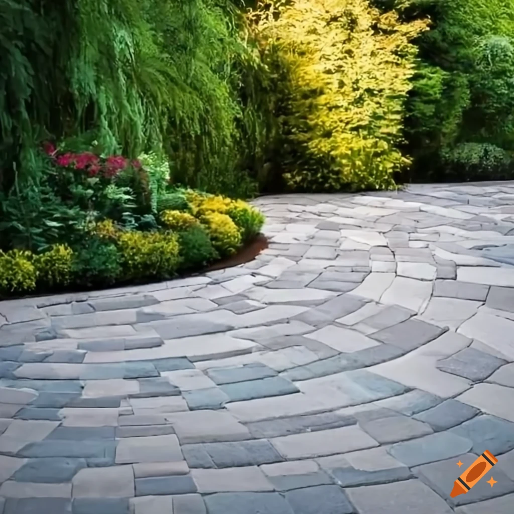 Circle shaped paver patio with large smooth light grey pavers on Craiyon