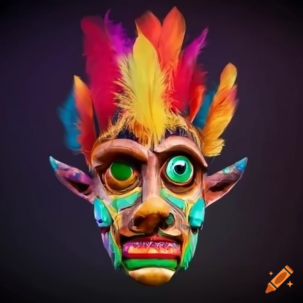Vibrant sumarian wooden mask with feather crown and fiery expressions ...