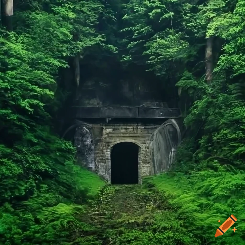 Detailed view of a coal mine entrance in a lush green forest on Craiyon
