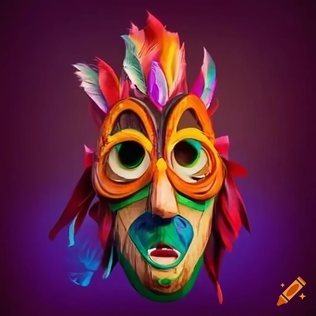 Vibrant sumerian wooden mask with feather crown and symbolic details on ...