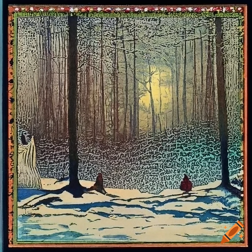 Christmas cloisonné forest scene with Native Salish and Russian fairy tale designs on Craiyon