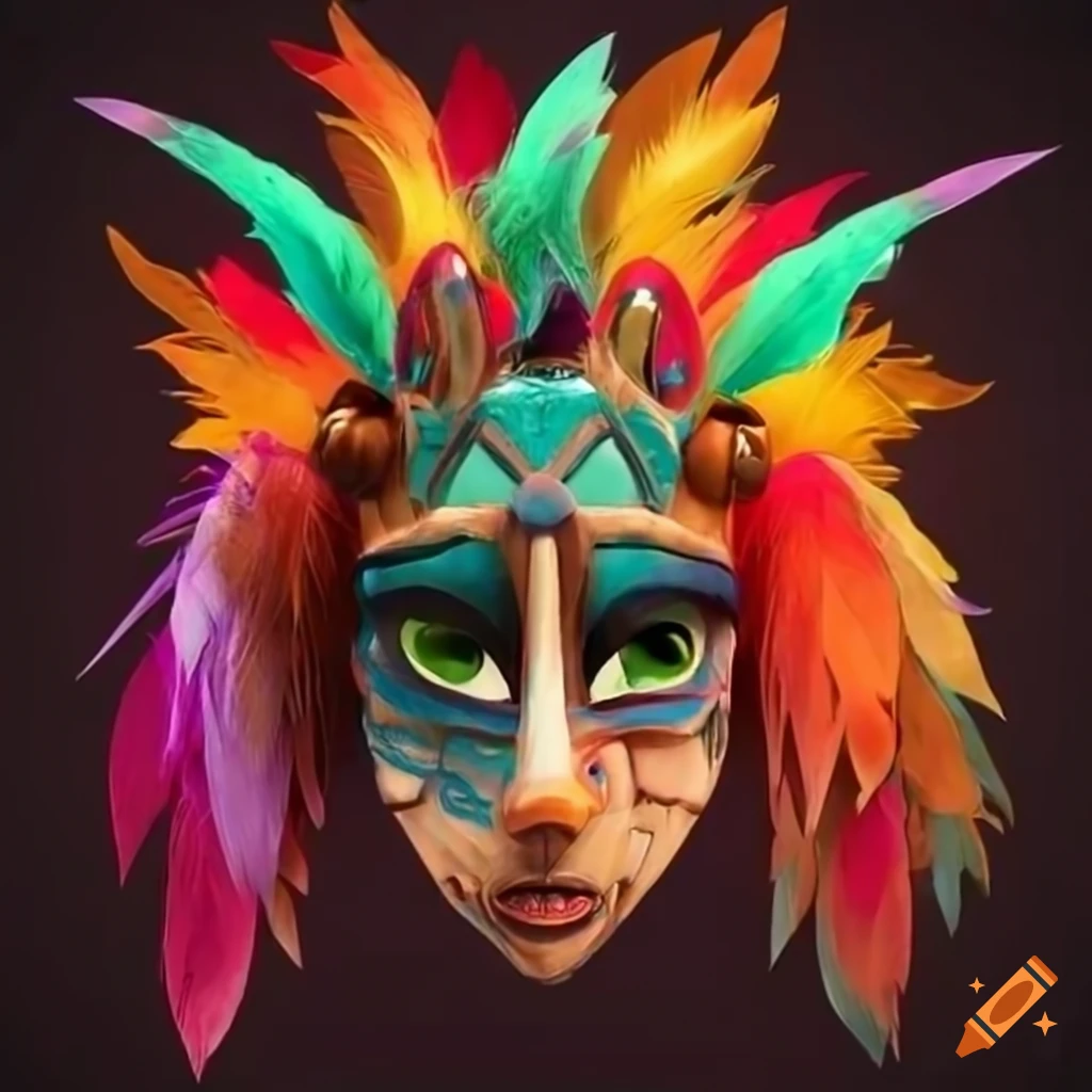 Vibrant Sumarian wooden mask with feather crown in a contemporary Crash ...