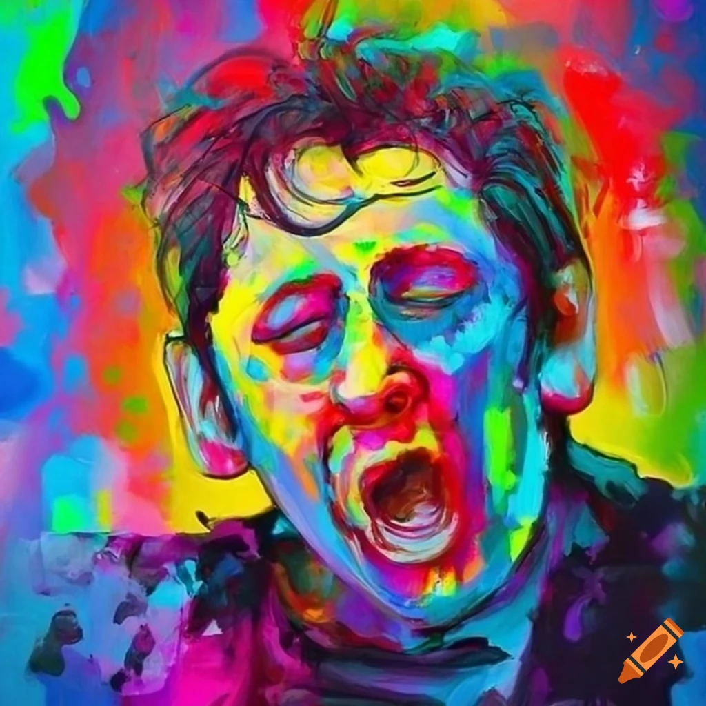 Abstract portrait of Shane MacGowan singing with bright colors on Craiyon