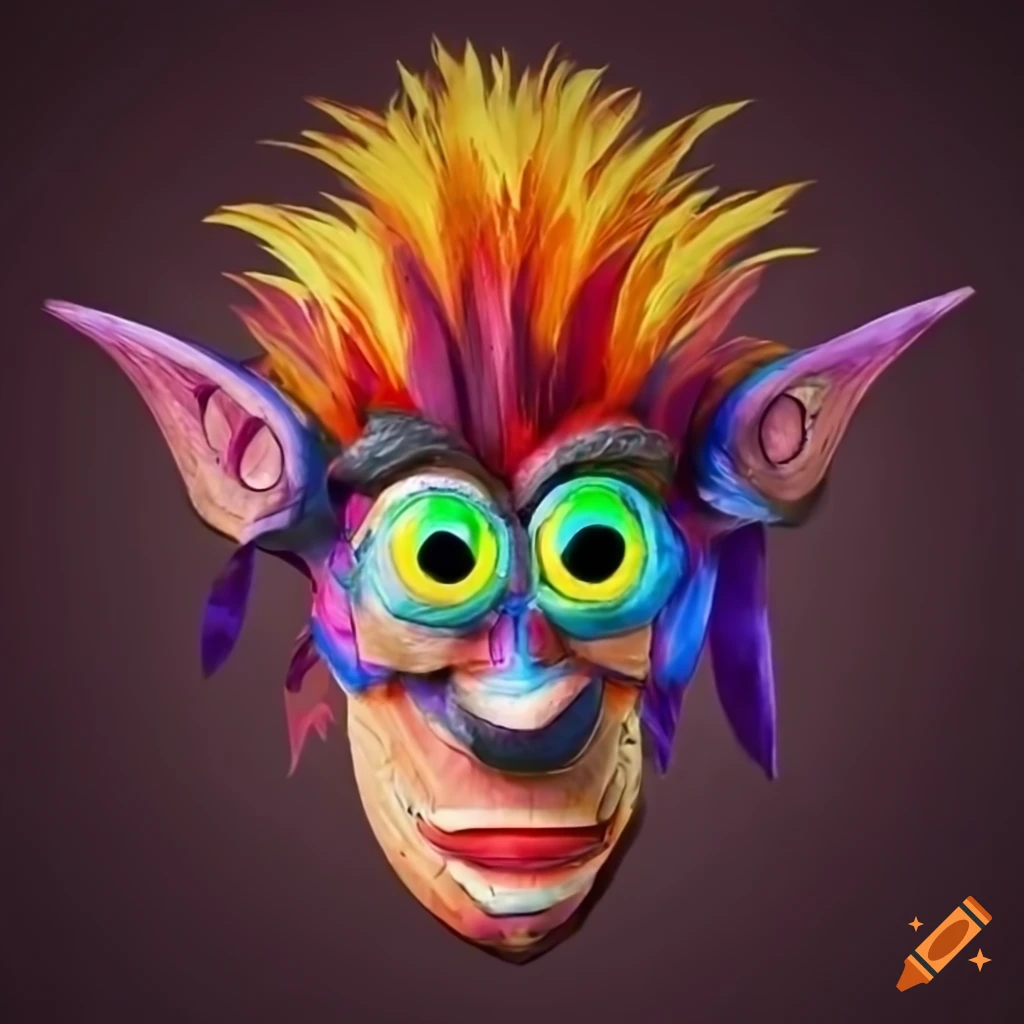 Vibrant and intricately detailed sumerian wooden mask with feather ...