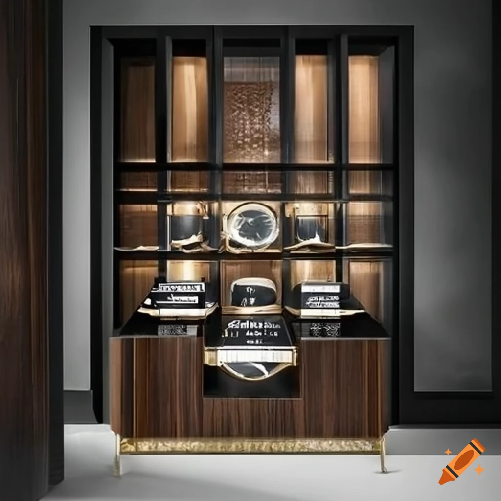 Modern watch store interior with black, white marble, gold trimmings, and brown wood display ...