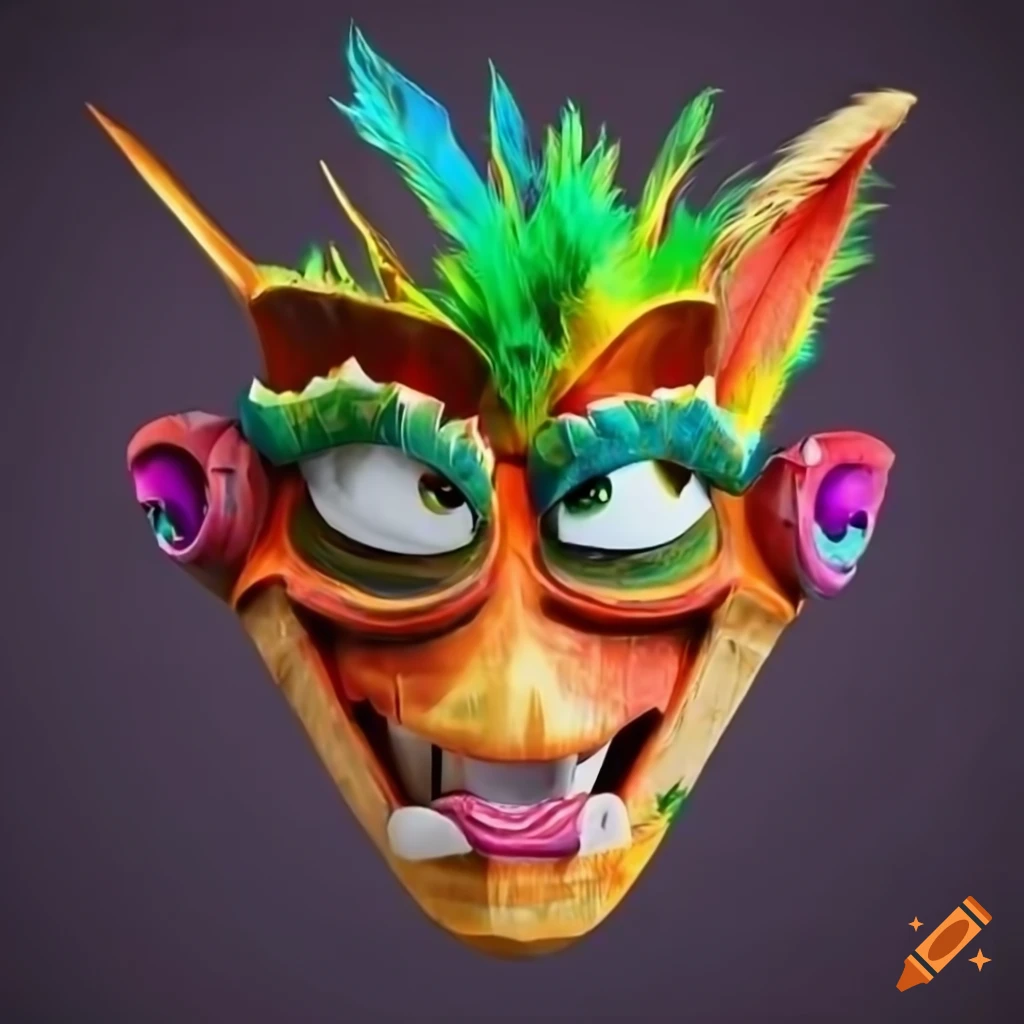 Intricately detailed sumarian wooden mask with a feather crown and bold ...