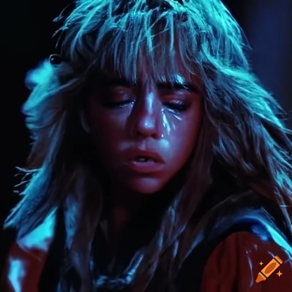 Expressive closeup of a dizzied female fighter in an 80's movie scene ...