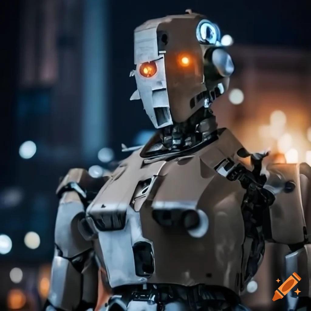 Armored robot soldier exploring a city in hyperrealistic style on Craiyon
