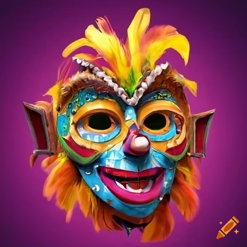 Vibrant and intricately detailed sumerian wooden mask with feather ...