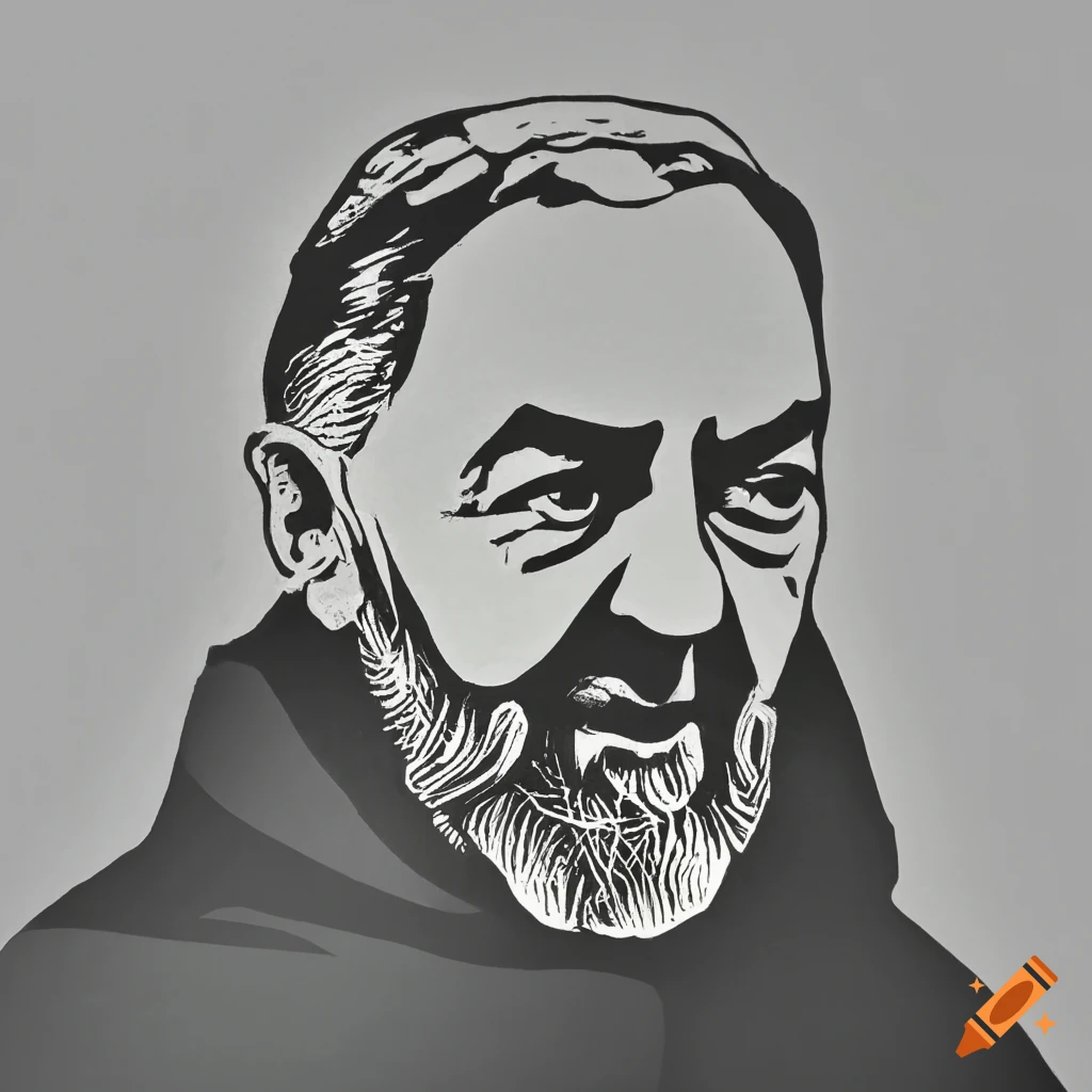 Minimalist linocut of Saint Padre Pio exuding peace and serenity on a ...