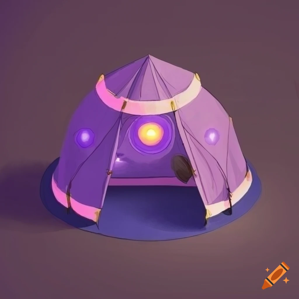 Isometric drawing of a round tent with a purple glowing stone above on ...