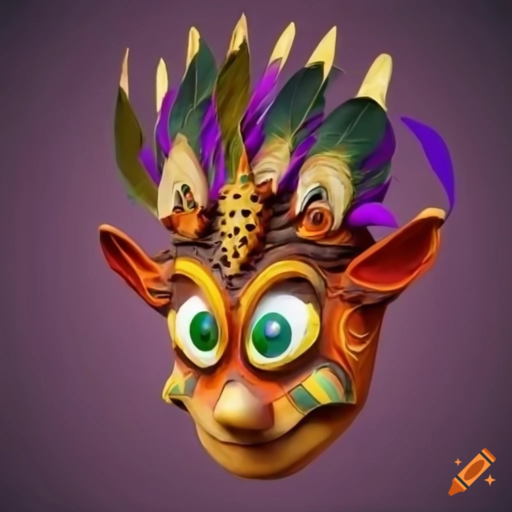 Vibrant sumerian wooden mask with feather crown and symbolic details on ...