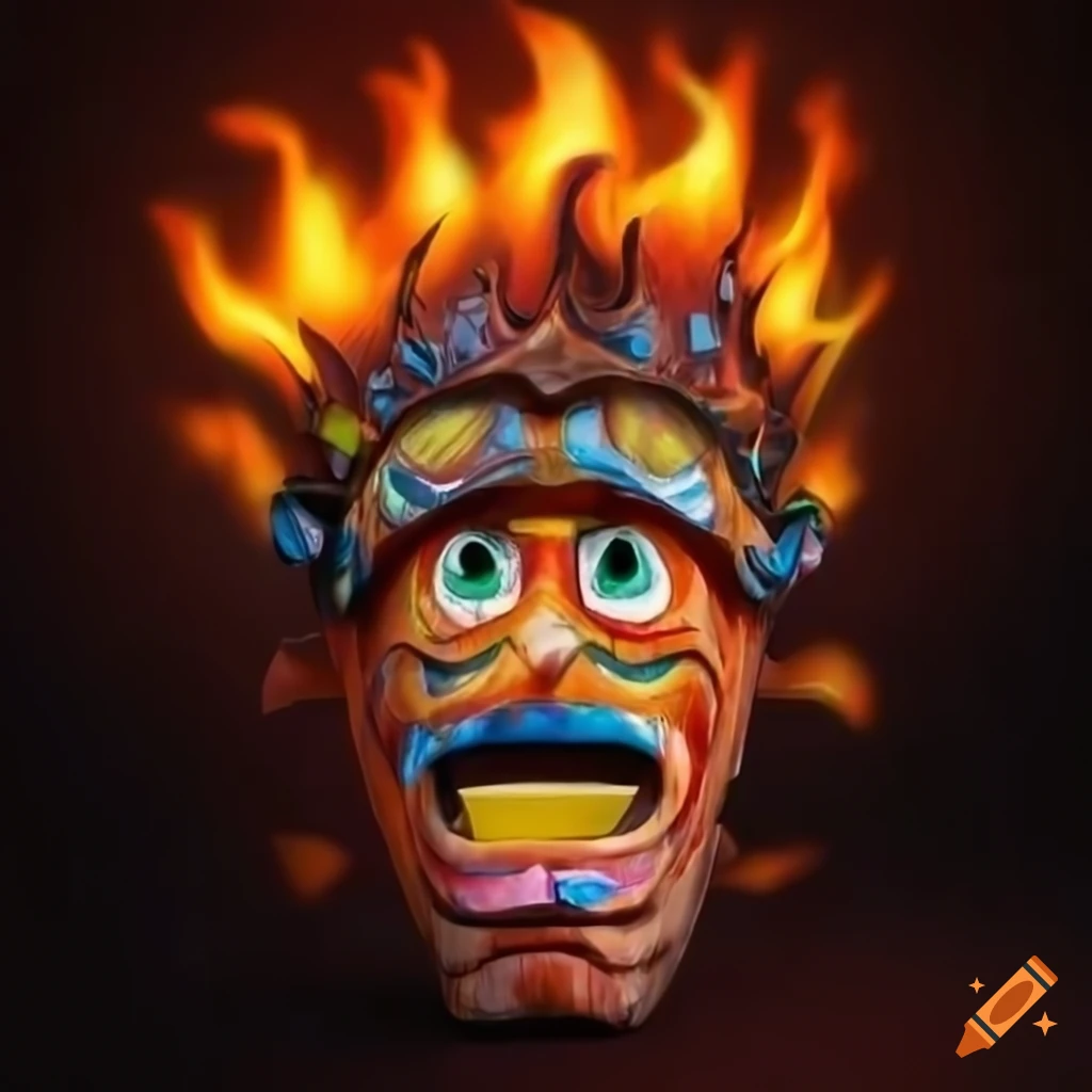 Vibrant Sumerian wooden mask with fiery crown and colorful eyes on Craiyon