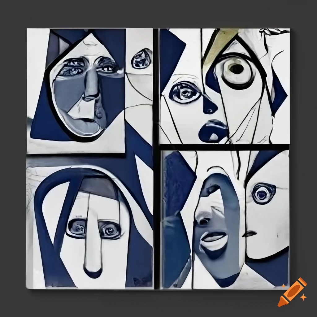 Collage of five singing faces in cubist abstract style with ...