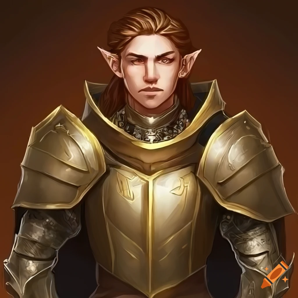 Male half-elf paladin in gold and silver armor holding a sword on Craiyon