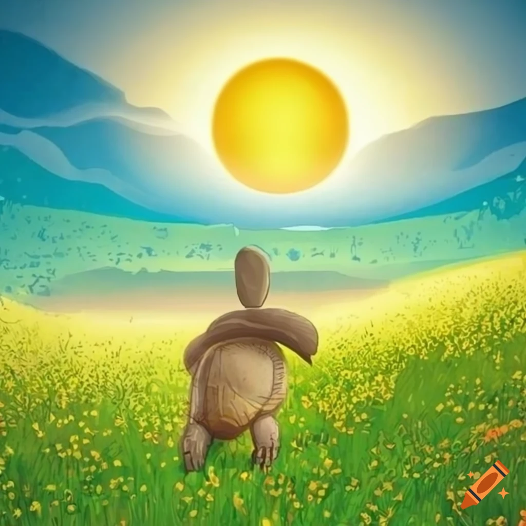 Sunny meadow with thomas the tortoise catching up to the rabbit on Craiyon