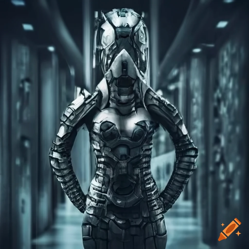 Cyber warrior woman in biomechanical armor exploring futuristic city inspired by h.r. giger on ...