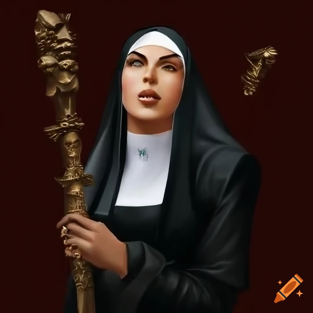 Valiant nun with bone-decorated staff radiating holy light in prayer on Craiyon