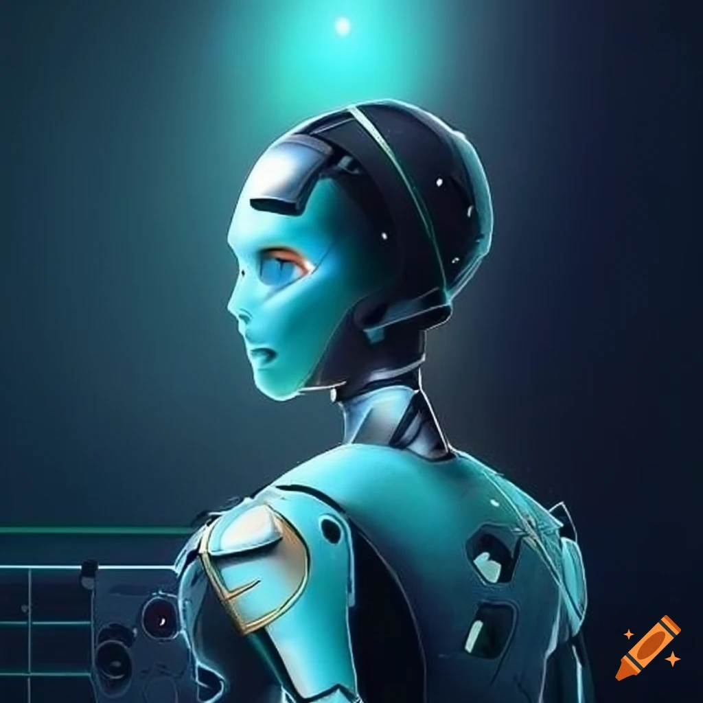 Futuristic robot typing on a keyboard with 'rafael lindo!' on the ...