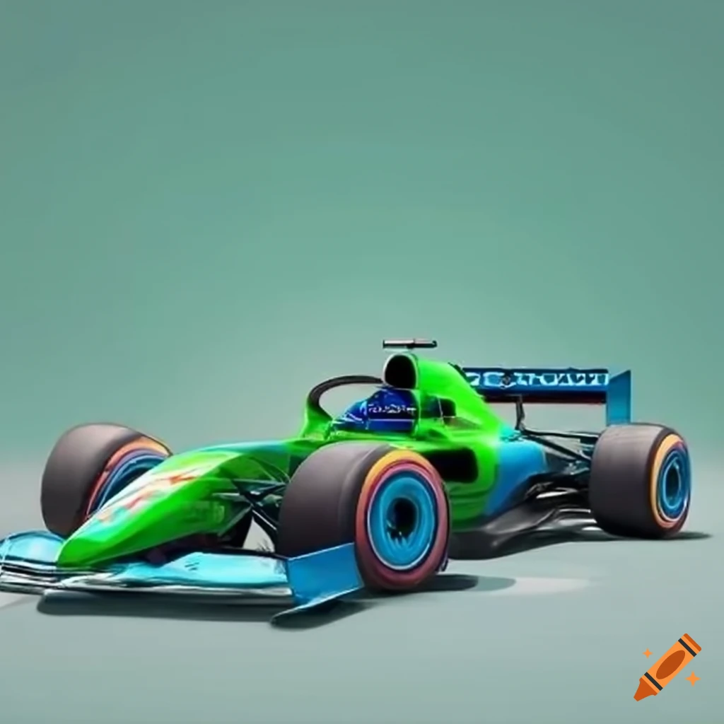 F1 car in green and blue colors with 'Earth Racer' branding on Craiyon