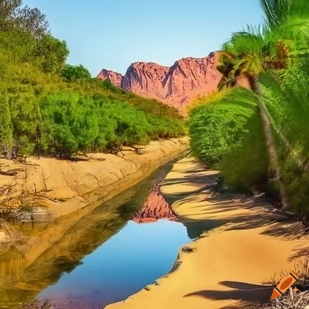 Narrow water channel in desert with flourishing palm trees, bushes, and ...