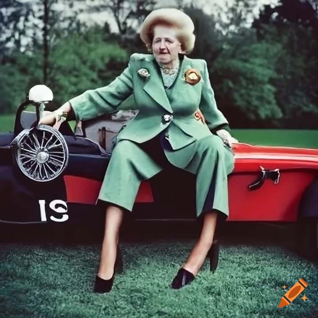 Margaret thatcher driving a classic caterham car on Craiyon