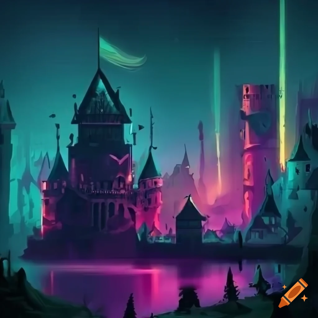 Neon medieval kingdom background in 2d on Craiyon