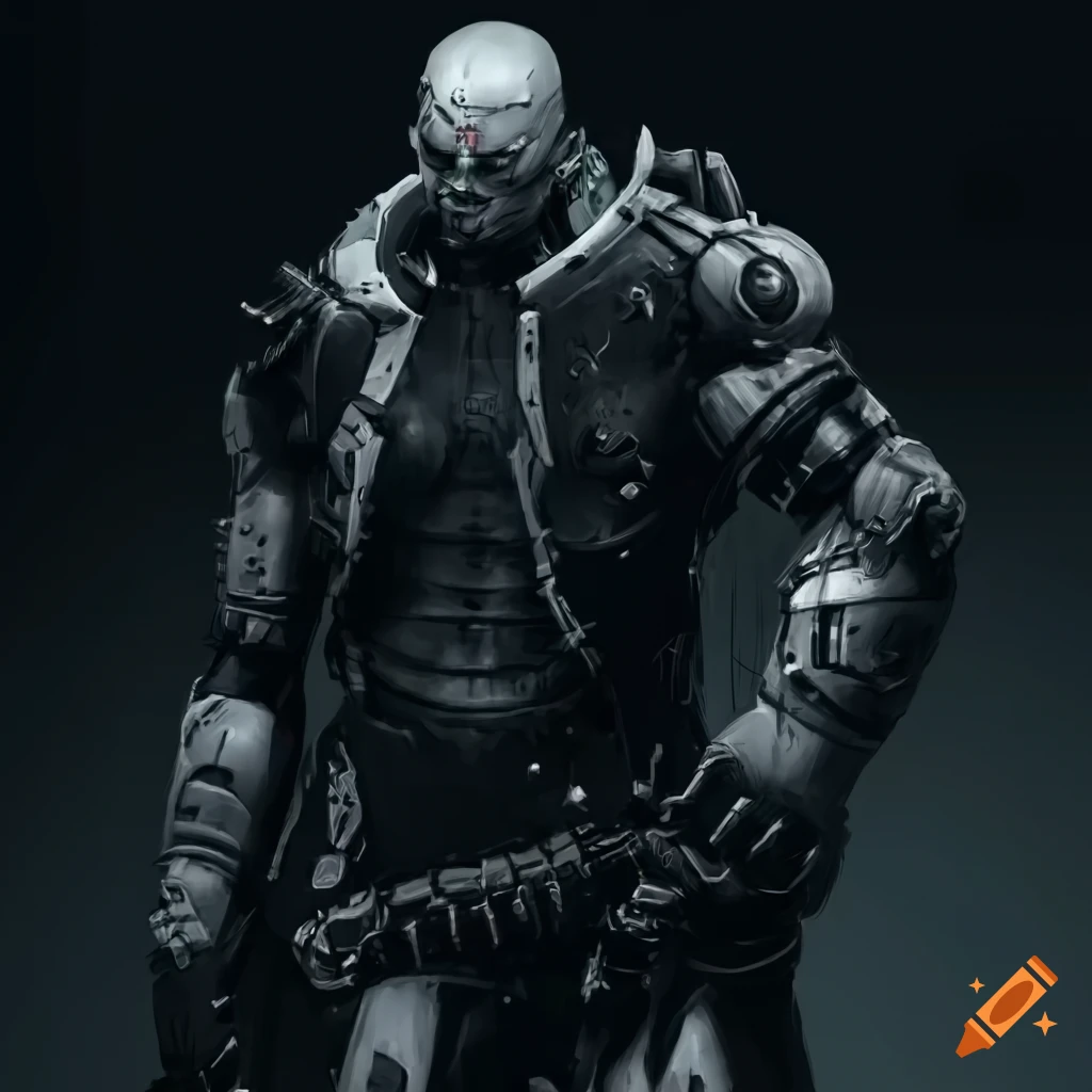 Cyberpunk brawler with black metal cybernetic arms in monochrome colors ...