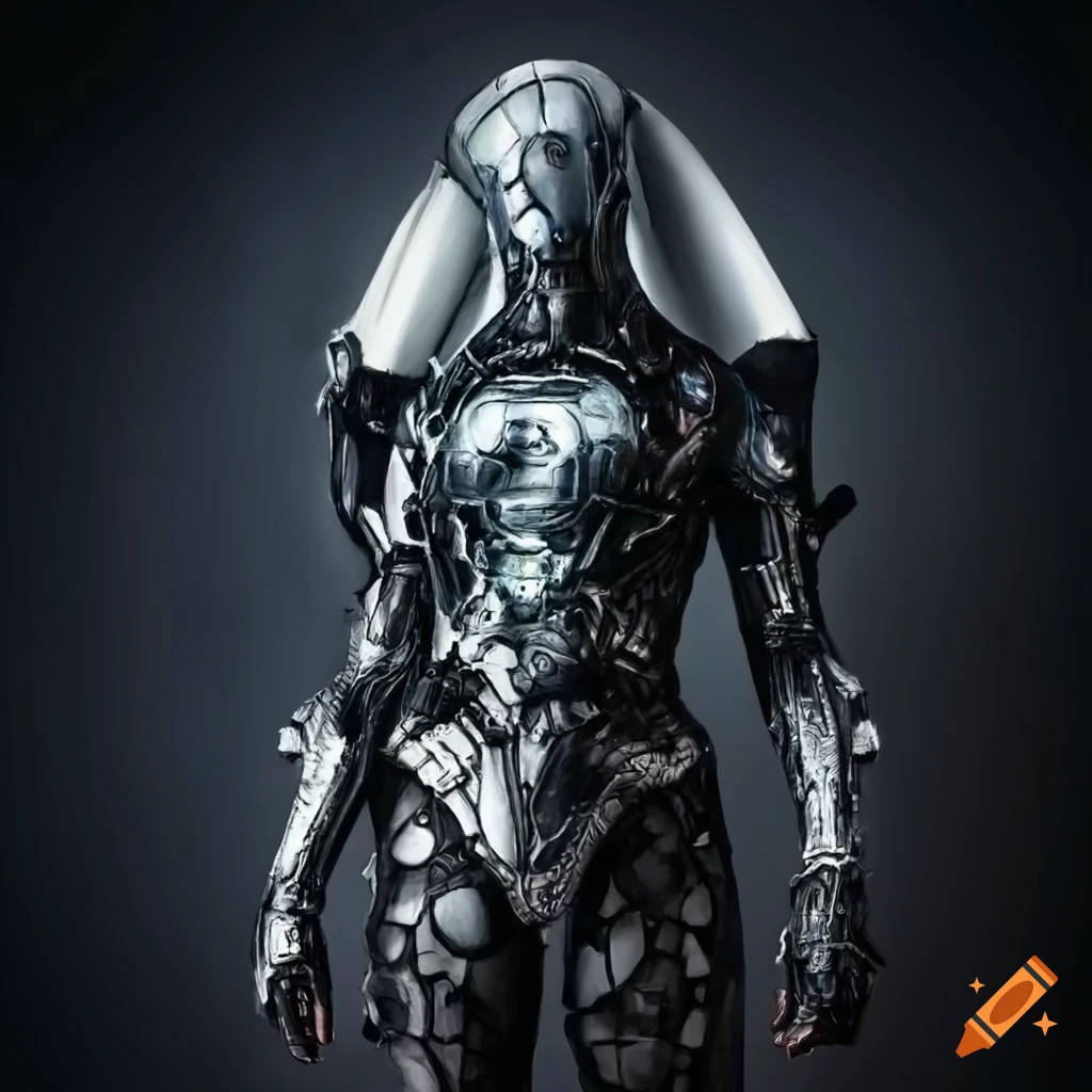 Cyber warrior woman in biomechanical armor exploring a futuristic metropolis on Craiyon